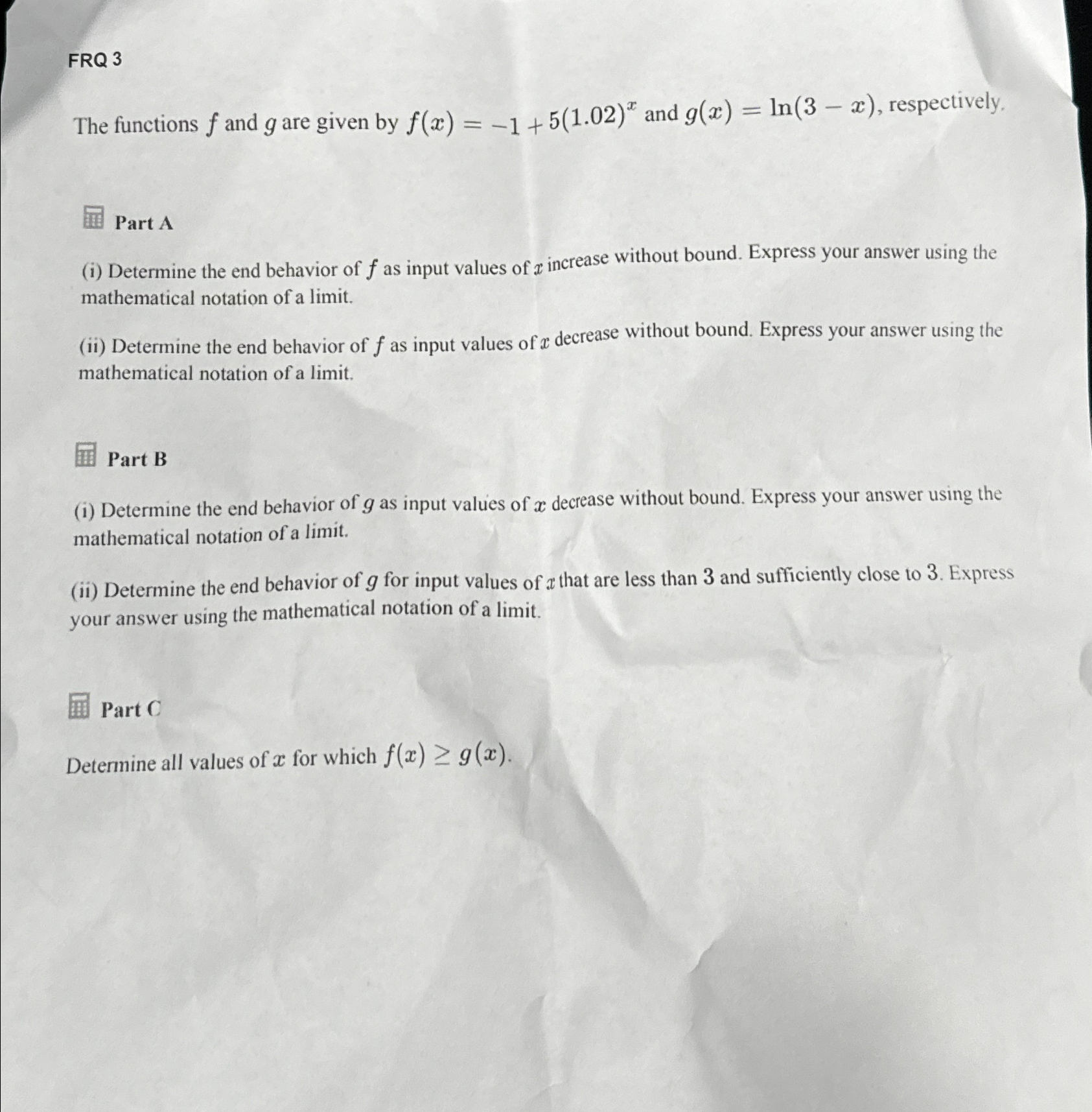 Solved FRQ 3The functions f ﻿and g ﻿are given by | Chegg.com