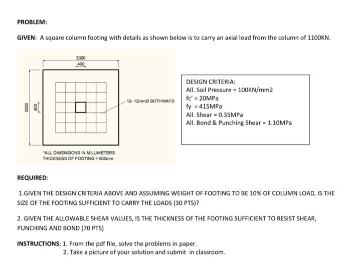 Solved PROBLEM: GIVEN: A square column footing with details | Chegg.com