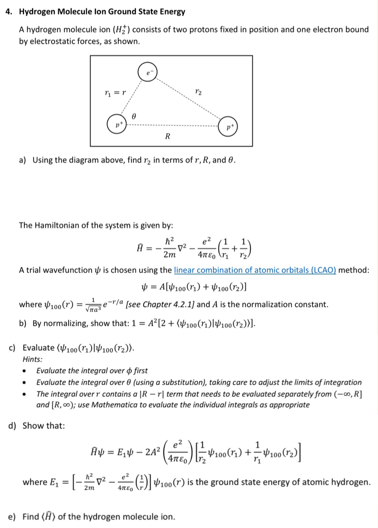 Hydrogen Molecule Ion Ground State EnergyA hydrogen | Chegg.com