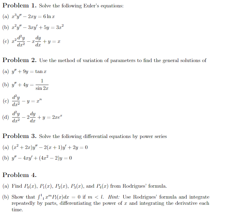 Solved Problem 1. ﻿Solve the following Euler's | Chegg.com