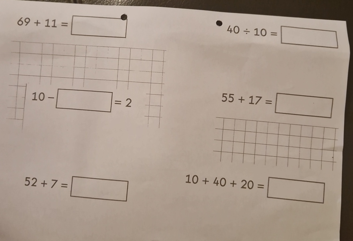 Solved 69+11=40÷10=10-=255+17=52+7=10+40+20= | Chegg.com