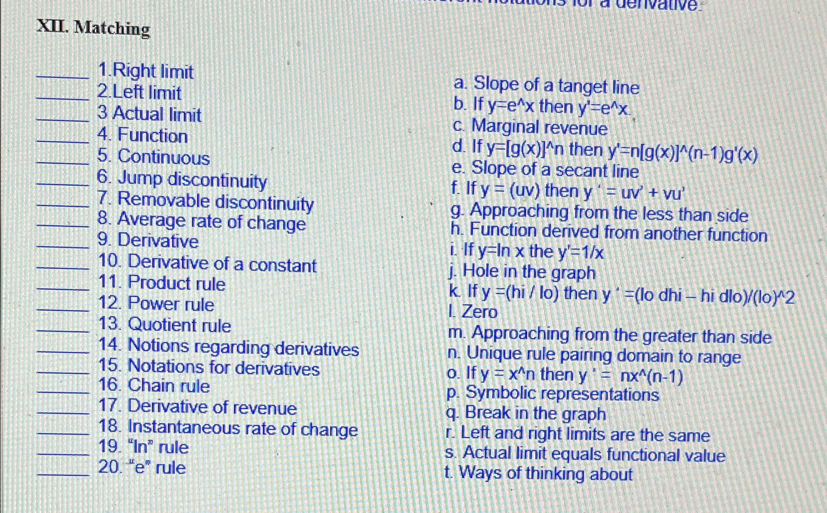 Solved XII. Matching1.Right limit2. ﻿Left limit3 ﻿Actual | Chegg.com