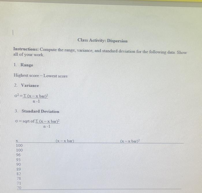 Solved Class Activity: Dispersion Instructions: Compute the | Chegg.com
