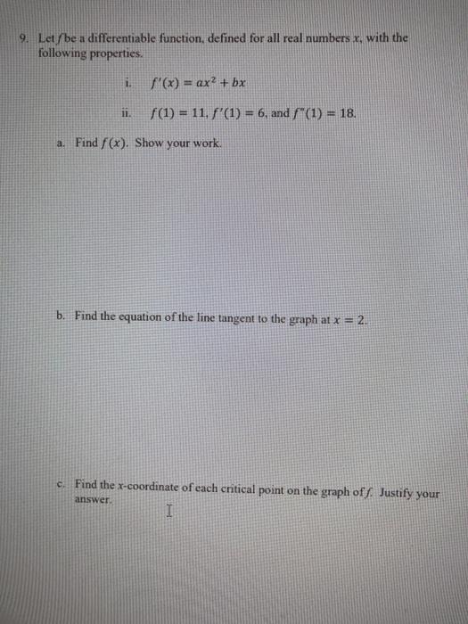 Solved 9. Let/be a differentiable function, defined for all | Chegg.com