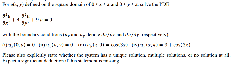 Solved For u(x,y) ﻿defined on the square domain of 0≤x≤π | Chegg.com