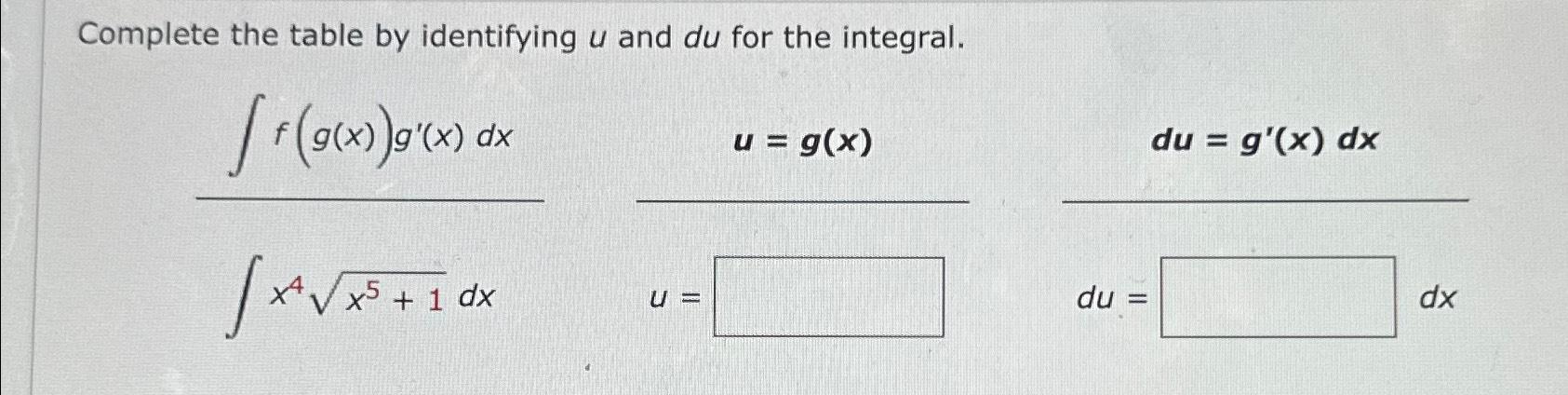 Solved Complete the table by identifying u ﻿and du ﻿for the | Chegg.com