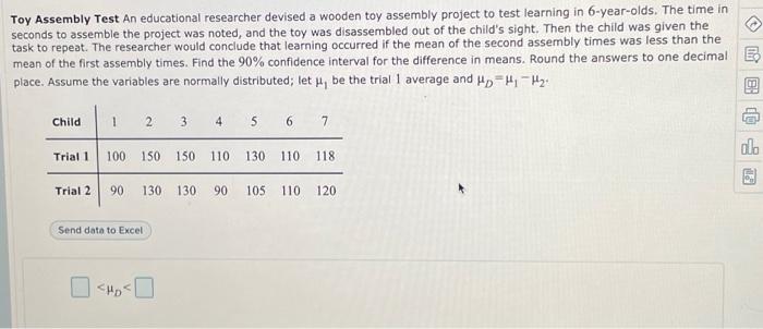Solved Toy Assembly Test An educational researcher devised a | Chegg.com