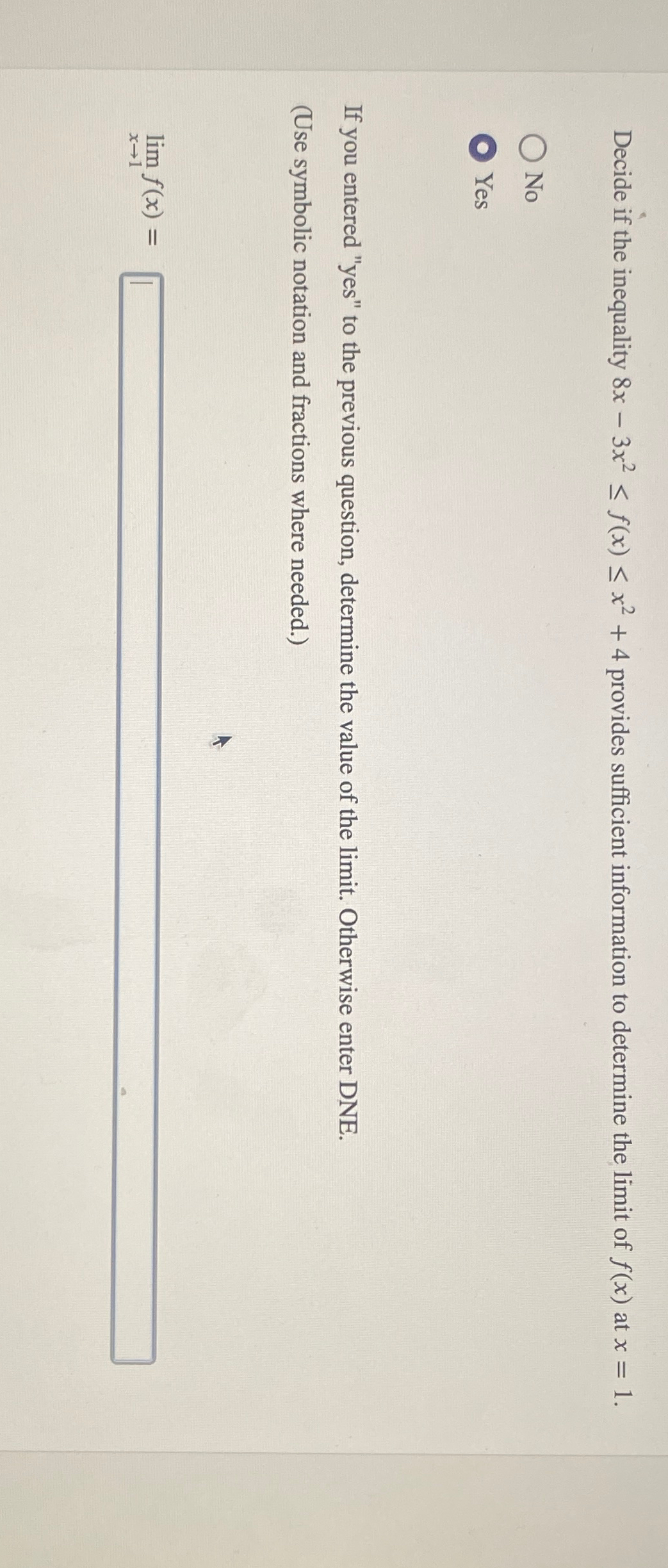 Solved Decide if the inequality 8x-3x2≤f(x)≤x2+4 ﻿provides | Chegg.com