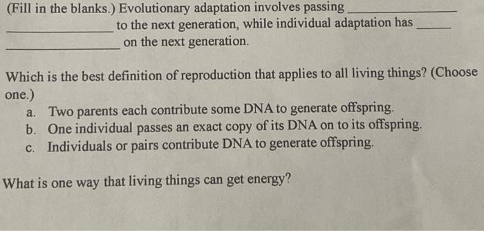 Solved (Fill in the blanks.) Evolutionary adaptation | Chegg.com