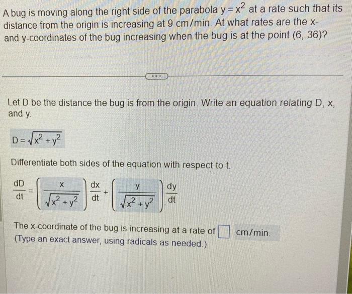 Solved A bug is moving along the right side of the parabola | Chegg.com