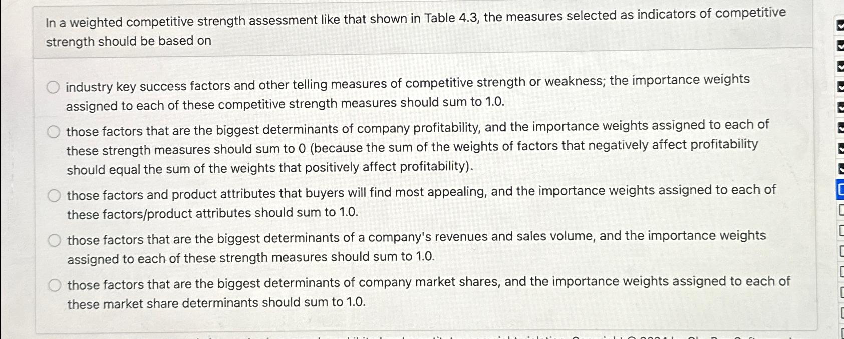 Solved In a weighted competitive strength assessment like | Chegg.com