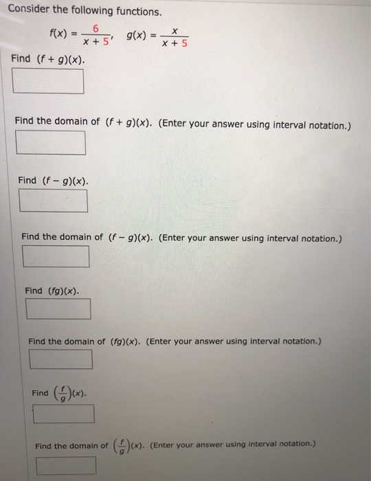 Solved Consider the following functions. 6 f(x g(x) = x + 5 | Chegg.com