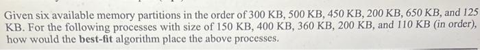 Solved Given six available memory partitions in the order of | Chegg.com