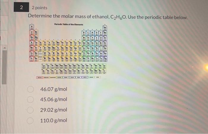 Solved 2 points Determine the molar mass of ethanol, C2H6O. | Chegg.com