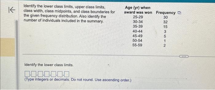 Solved Identify the lower class limits, upper class limits. | Chegg.com