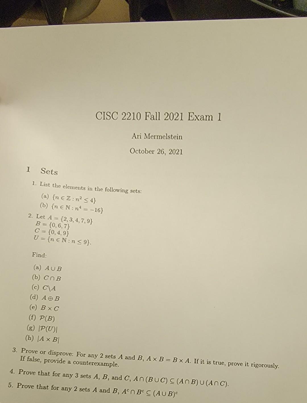 CISC 2210 Fall 2021 Exam 1 Ari Mermelstein October | Chegg.com