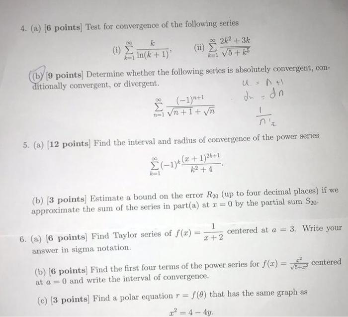 Solved (i) ∑k=1∞ln(k+1)k (ii) ∑k=1∞5+k52k2+3k (b) [9 points] | Chegg.com