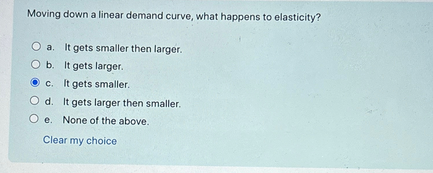 Solved Moving down a linear demand curve, what happens to | Chegg.com