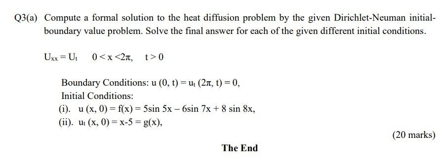 Solved Q3(a) Compute a formal solution to the heat diffusion | Chegg.com