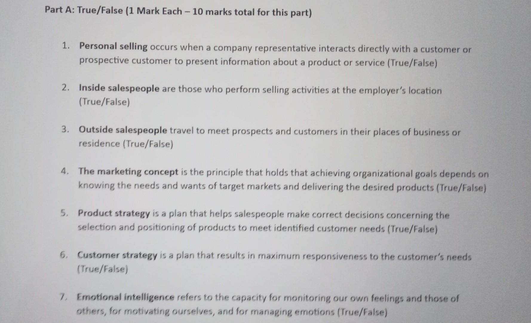 Solved Part A: True/False (1 Mark Each - 10 marks total for | Chegg.com