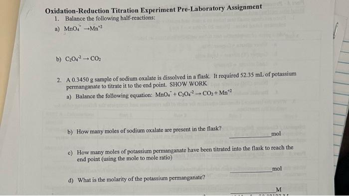 Solved Oxidation-Reduction Titration Experiment | Chegg.com
