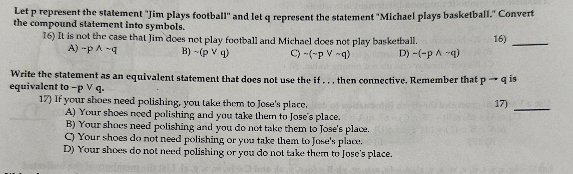 Solved Let p ﻿represent the statement "Jim plays football" | Chegg.com