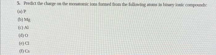 Solved 5. Predict the charge on the monatomic ions formed | Chegg.com