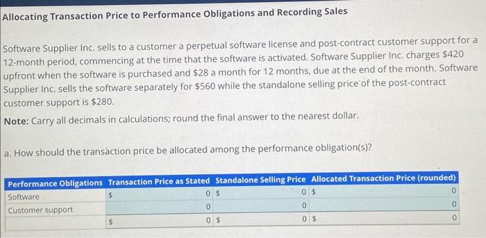 Solved Allocating Transaction Price to Performance | Chegg.com