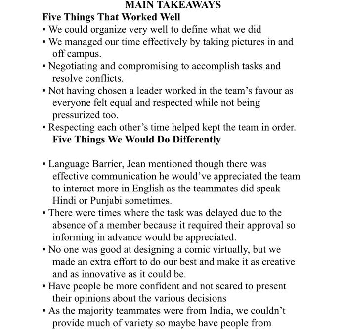 List another 5 examples for "Things that worked well" | Chegg.com