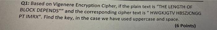 Solved Q1: Based on Vigenere Encryption Cipher, if the plain | Chegg.com