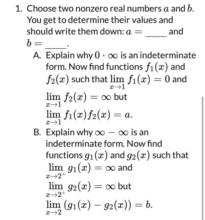 Solved 1. Choose two nonzero real numbers a and b. You get | Chegg.com