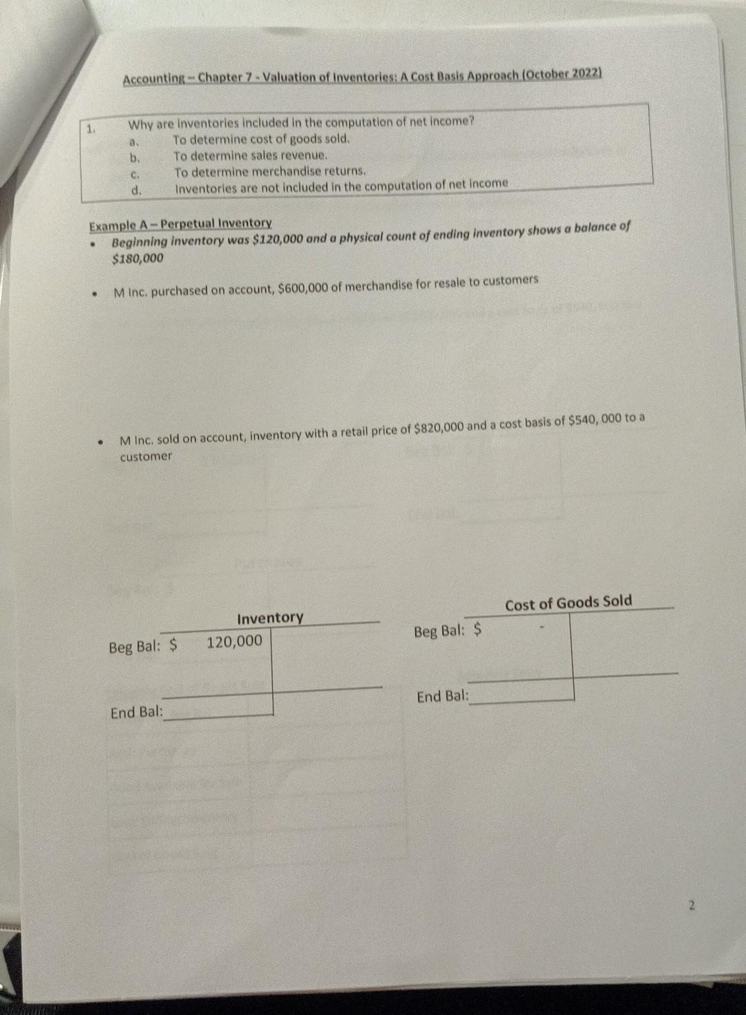 Solved Accounting - Chapter 7 - Valuation of Inventories: A | Chegg.com