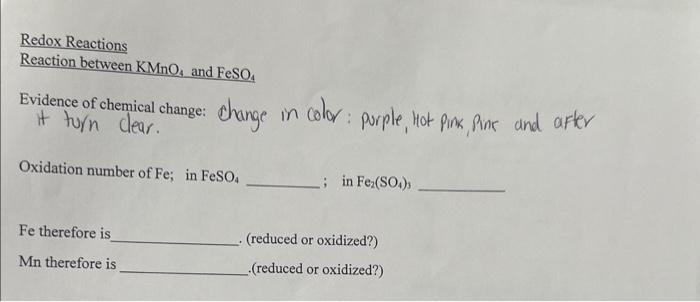 Solved Redox Reactions Reaction between KMnO4 and FeSO4 | Chegg.com