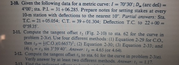 Solved 2-10. ﻿Given the following data for a metric curve: | Chegg.com