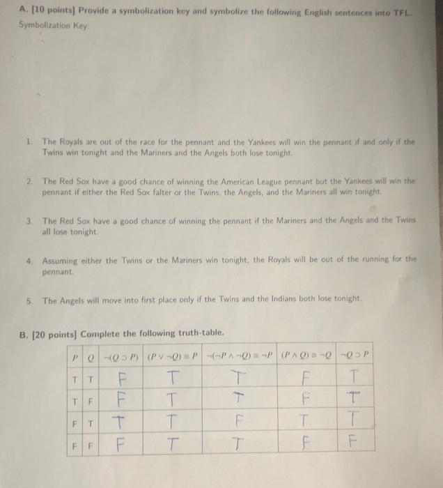 Solved A [10 Points] Provide A Symbolization Key And