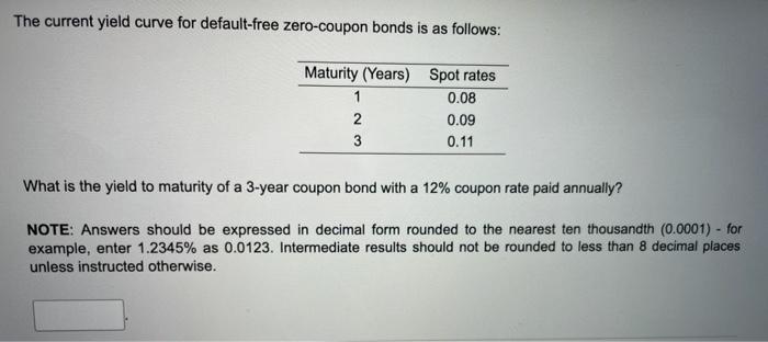 Solved The current yield curve for default-free zero-coupon | Chegg.com