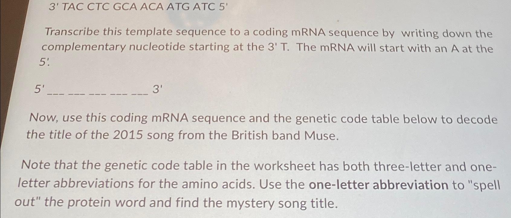 Solved 3' ﻿TAC CTC GCA ACA ATG ATC 5'Transcribe this | Chegg.com