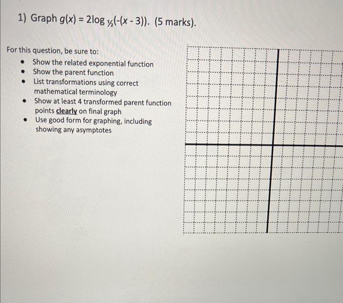 Solved 1) Graph g(x)=2logx(−(x−3)). (5 marks). For this | Chegg.com
