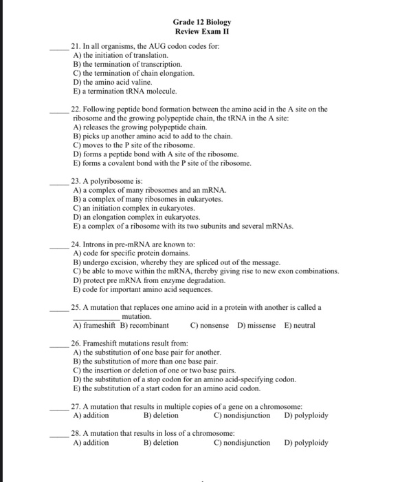 Solved Grade 12 Biology Review Exam II 1. What is the | Chegg.com