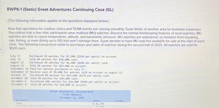 Solved RWP6-1 (Static) Great Adventures Continuing Case (GL) | Chegg.com