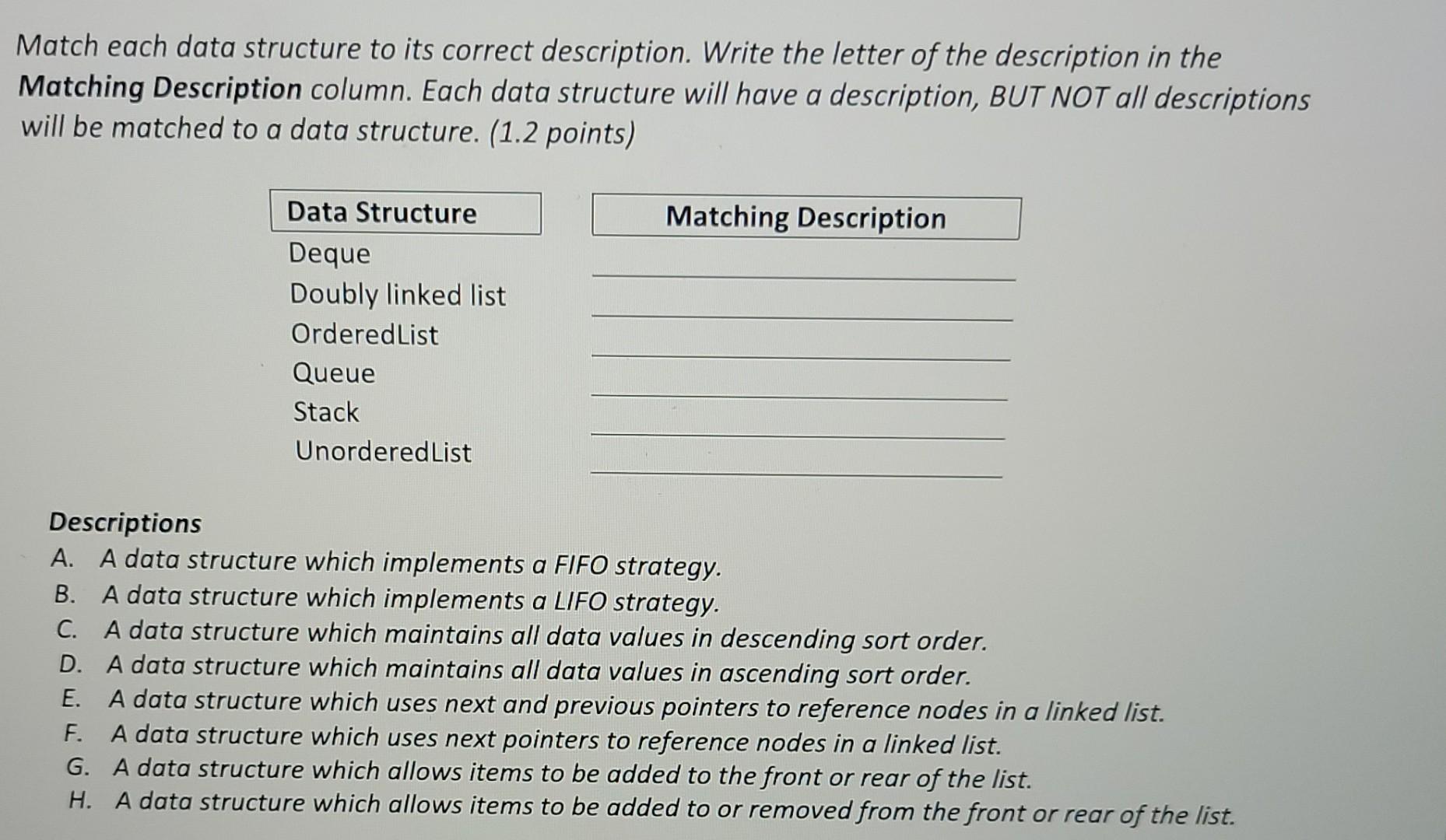 Solved Match each data structure to its correct description. | Chegg.com
