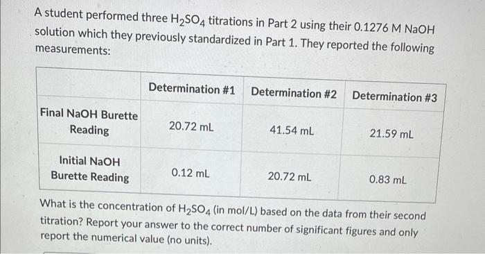 Solved A student performed three H2SO4 titrations in Part 2 | Chegg.com