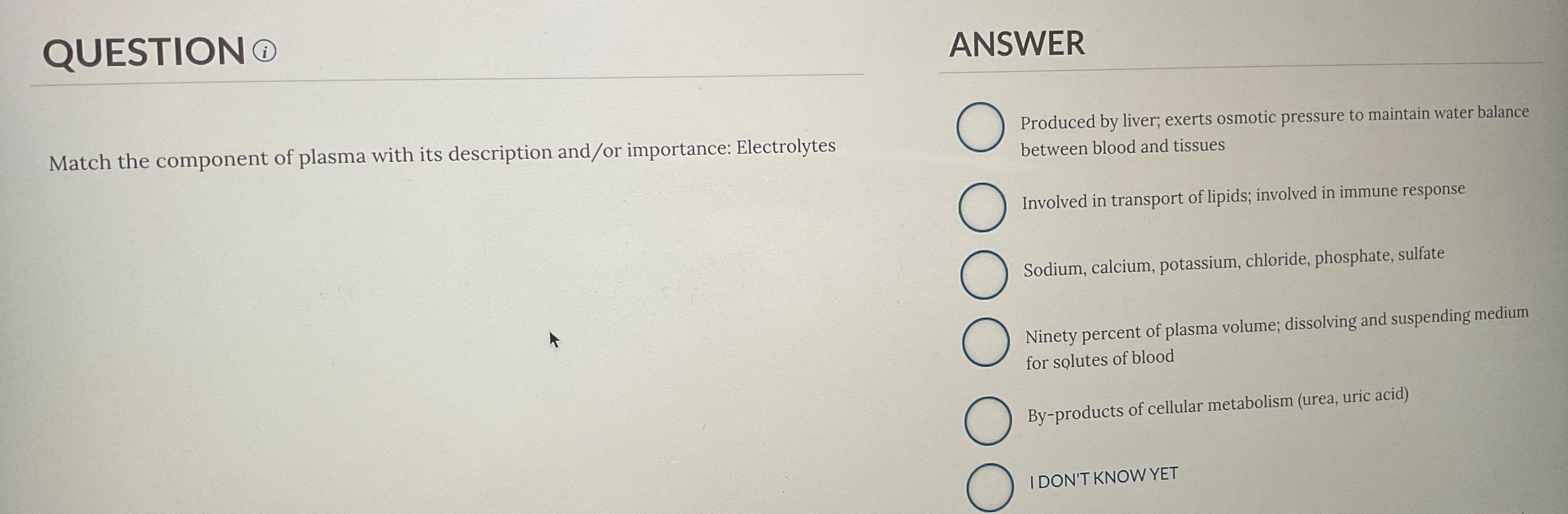 Solved QUESTIONANSWERMatch the component of plasma with its | Chegg.com