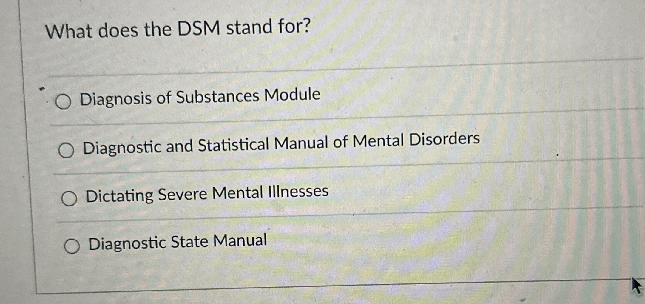 Solved What does the DSM stand for?Diagnosis of Substances | Chegg.com