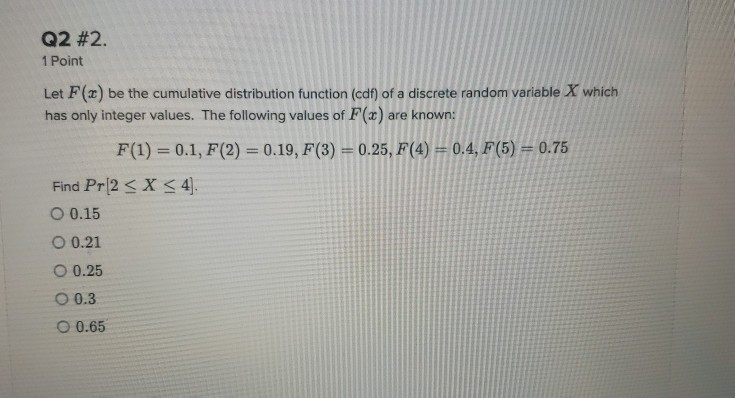 Solved Q2 #2. 1 Point Let F(2) be the cumulative | Chegg.com