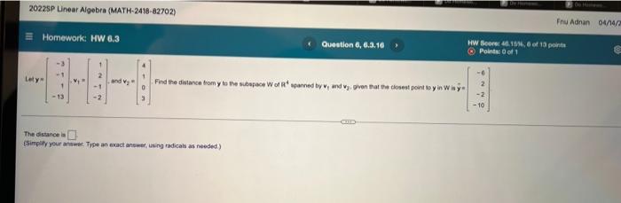 Solved 20225P Unear Algebra (MATH-2418-82702) Fru Adnan | Chegg.com