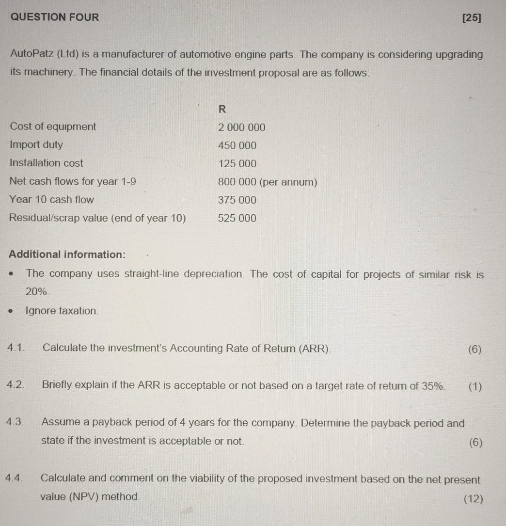 Solved QUESTION FOUR[25]AutoPatz (Ltd) ﻿is a manufacturer of | Chegg.com