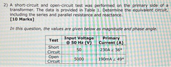 Solved 2) A short-circuit and open-circuit test was | Chegg.com