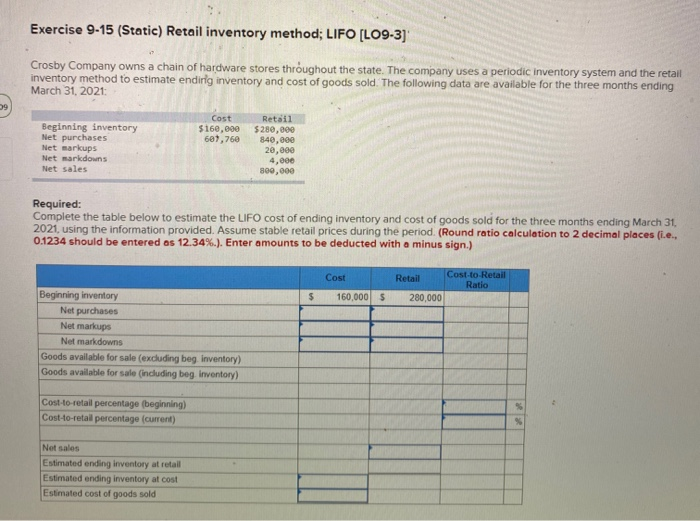 Solved Exercise 9-15 (Static) Retail inventory method; LIFO | Chegg.com