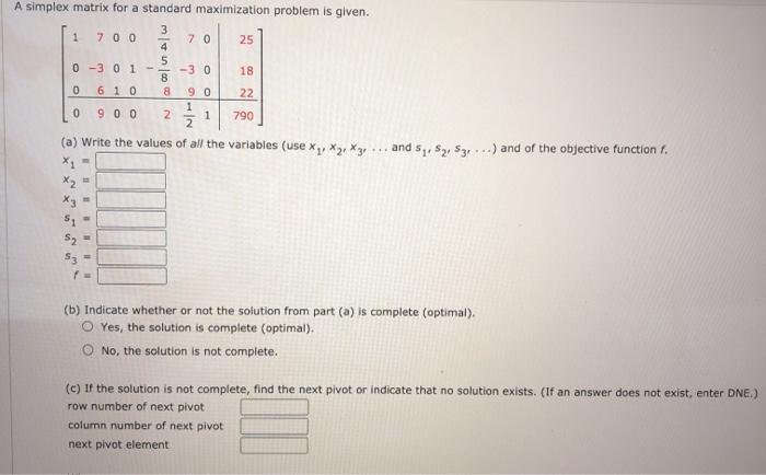 Solved A simplex matrix for a standard maximization problem | Chegg.com
